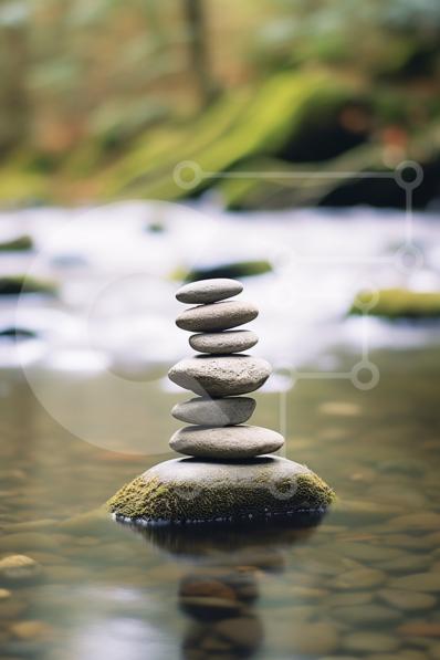 Beautiful Picture of Rocks Balanced in a River with Lush Green Trees ...