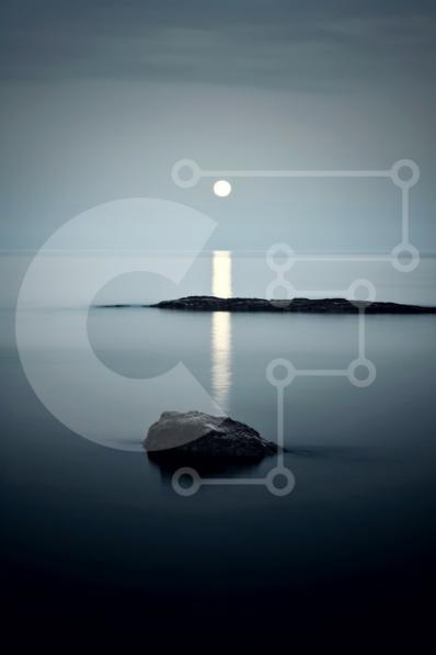 Beautiful Picture of Full Moon over Calm Sea with Single Rock stock ...