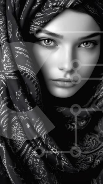 Stylish Woman with Black and White Patterned Headscarf stock photo ...