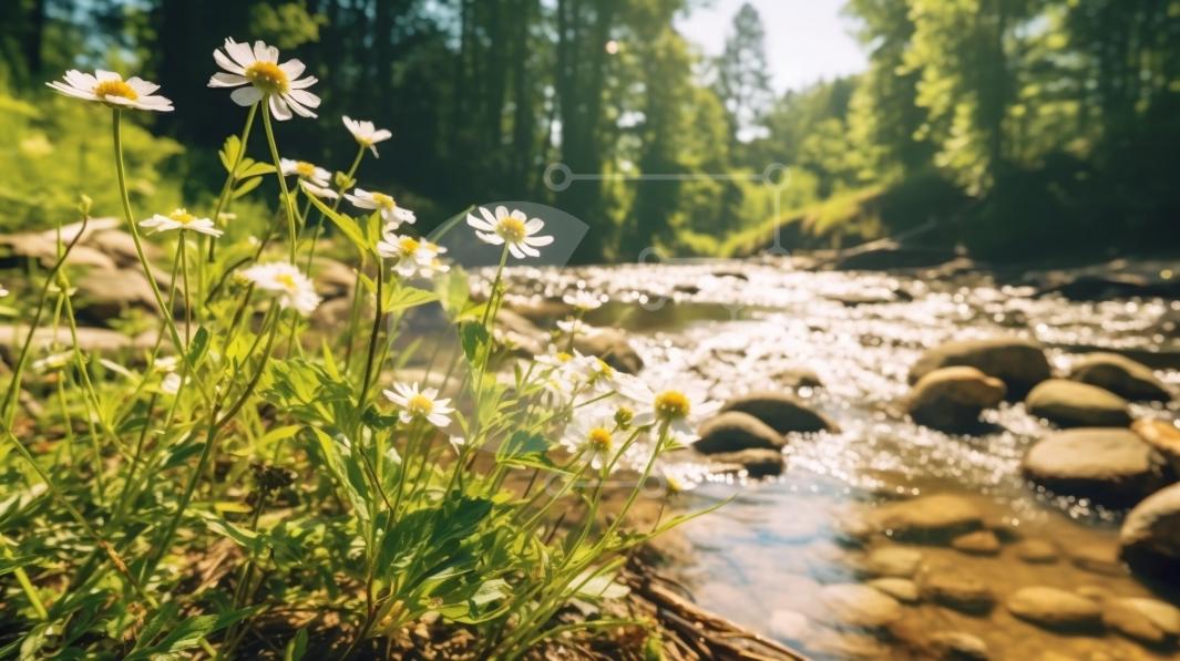 Beautiful Shot of a Small Stream Flowing Through a Forest with Daisies ...