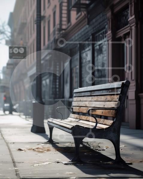 City Street Scene with Weathered Wooden Bench on a Grey Morning stock ...