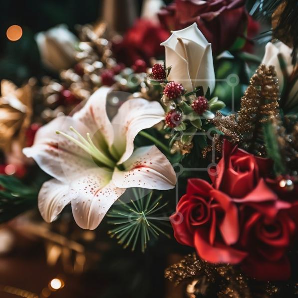 Superbe gros plan d'un bouquet de roses, de lys et de verdure sur une ...