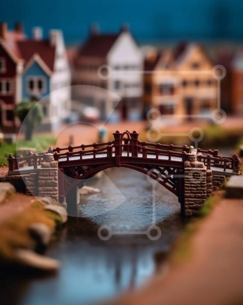 Idyllic miniature town model with wooden houses and a red bridge stock ...