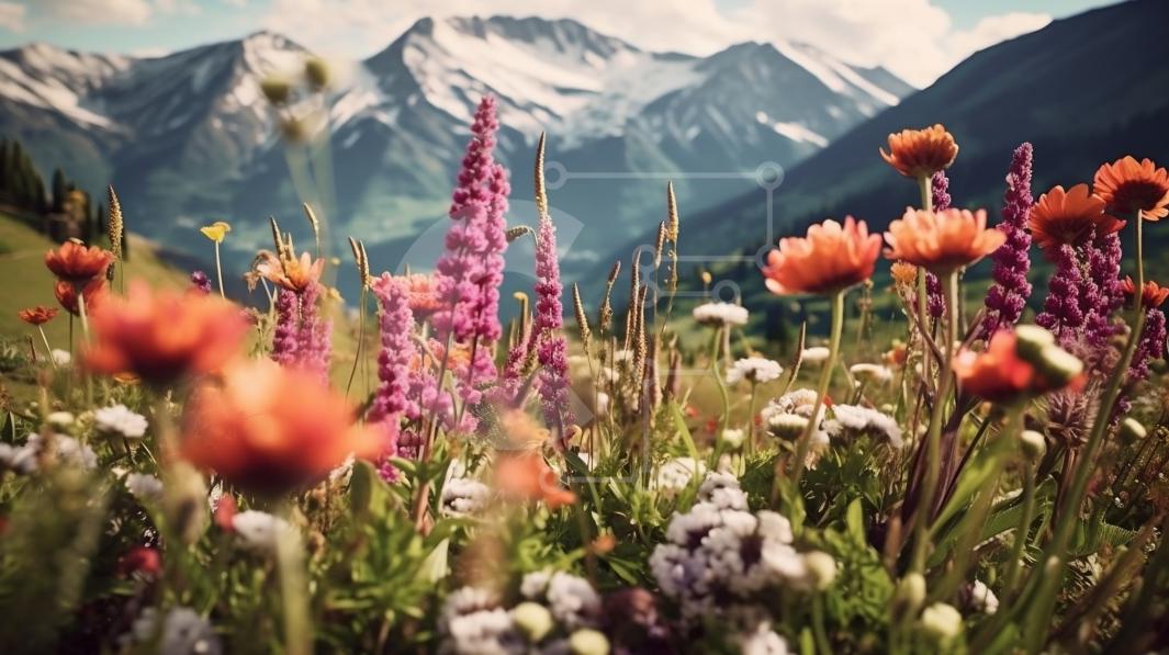Magnificent View of Wildflowers and Snowy Mountains stock photo ...