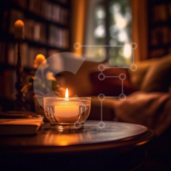 Cozy Living Room with Lit Candle and Bookshelves stock photo | Creative ...