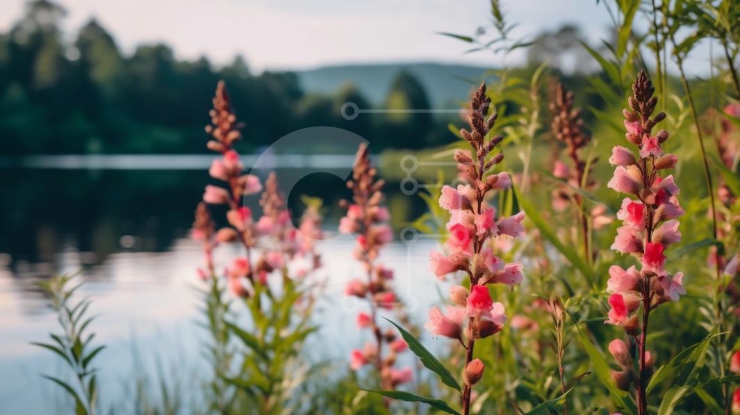 Beautiful Picture of Pink Wildflowers and Lake with Mountain View stock ...