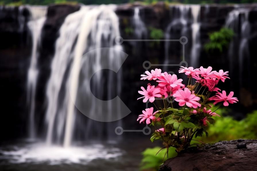 Beautiful Picture of Pink Flowers and a Waterfall stock photo ...
