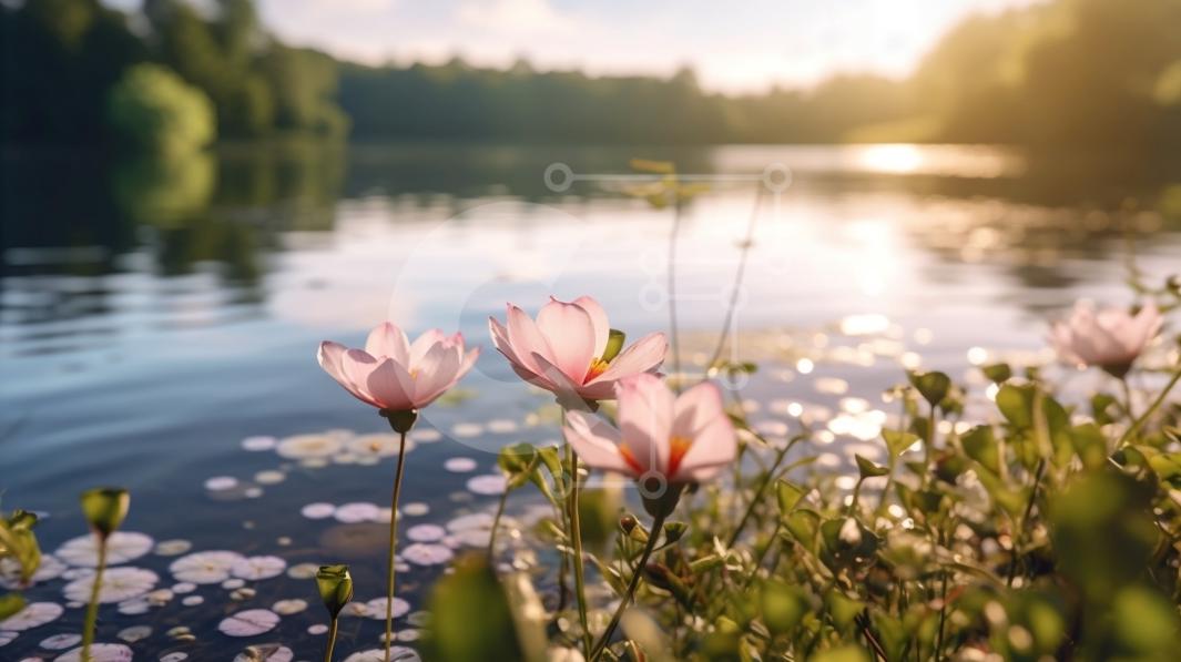 Stunning Sunset over a Lake with Beautiful Pink Flowers stock photo ...
