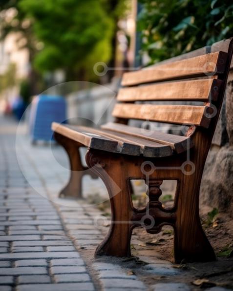 Peaceful and serene picture of wooden park bench on cobblestone street ...