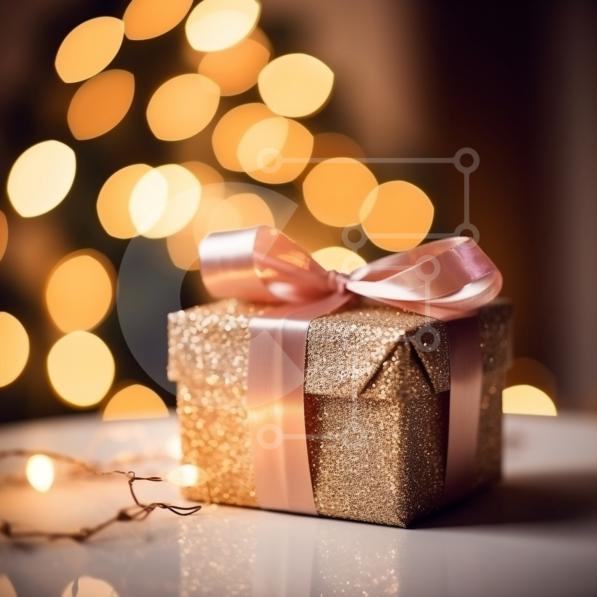 Beautiful Picture of a Gold Gift Box with Pink Bow on Christmas Tree ...