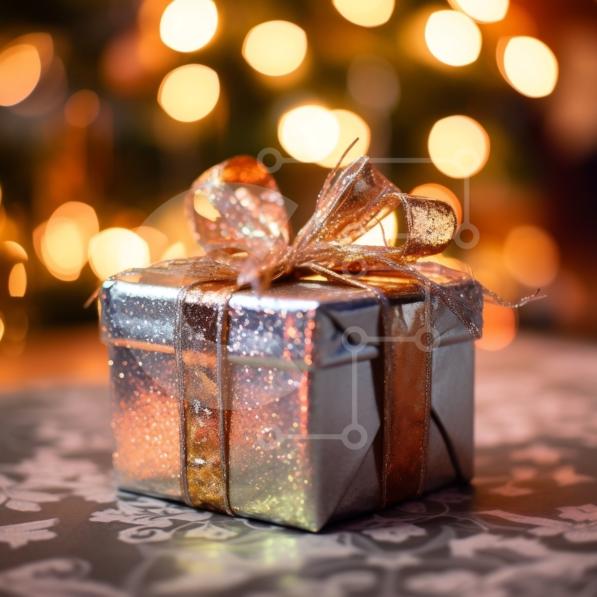 Silver Gift Box with Gold Ribbon and Christmas Lights stock photo ...