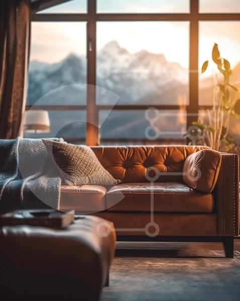 Cozy Living Room with a Mountain View stock photo | Creative Fabrica