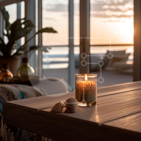 Table with Candle and Ocean View at Sunset stock photo | Creative Fabrica