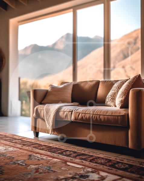 Cozy Living Room with Stunning Mountain View stock photo | Creative Fabrica