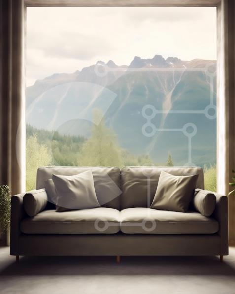 Cozy Living Room with Stunning Mountain View stock photo | Creative Fabrica