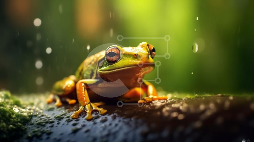 Stunning Image of a Frog in the Rain on a Mossy Log stock photo ...