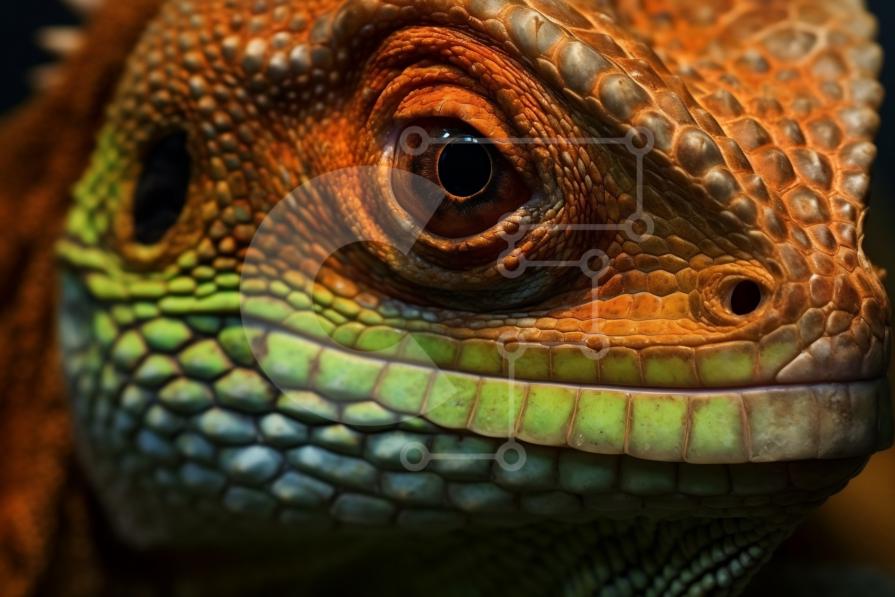 Stunning Close-up of a Lizard's Face with Bright Green Eyes and Orange ...