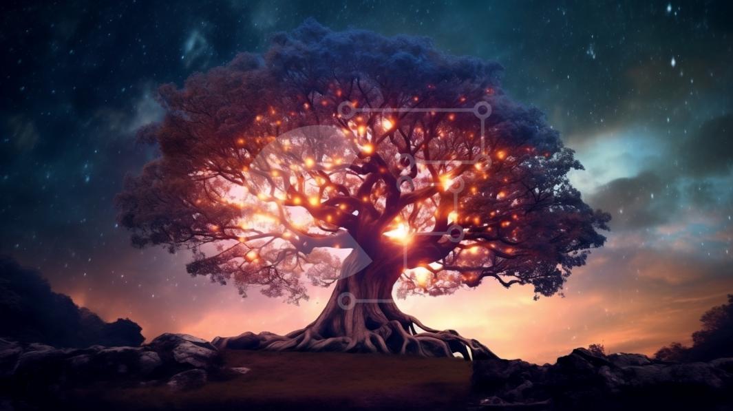 Beautiful glowing tree under a starry night sky stock photo | Creative ...