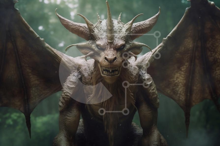 Scary picture of a demonic creature in a dark, misty forest stock photo ...