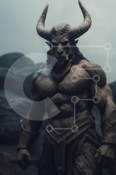 Muscular Horned Man on a Rocky Outcropping Overlooking Water stock ...