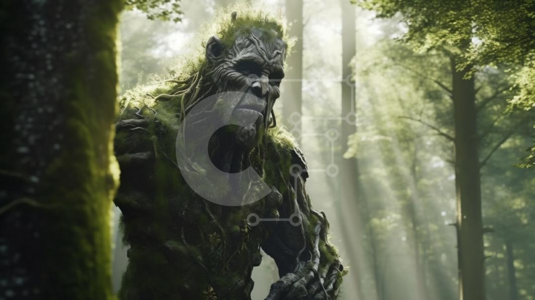 Eerie Statue Covered in Moss in a Dense Forest stock photo | Creative ...