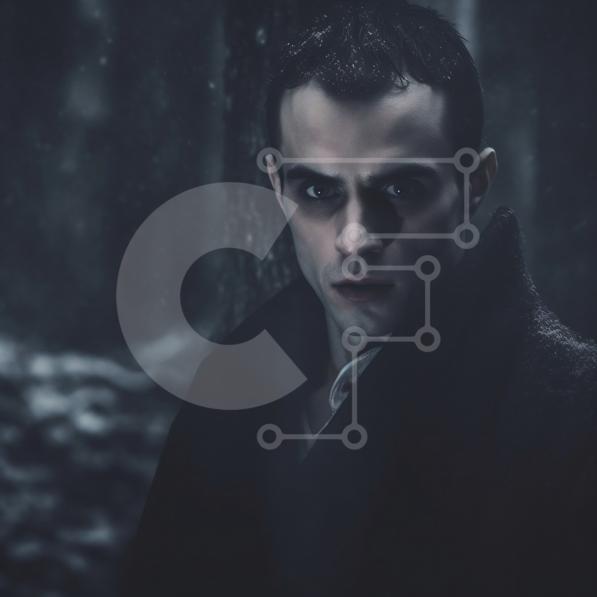 Sinister man with glowing red eyes in dark forest stock photo ...