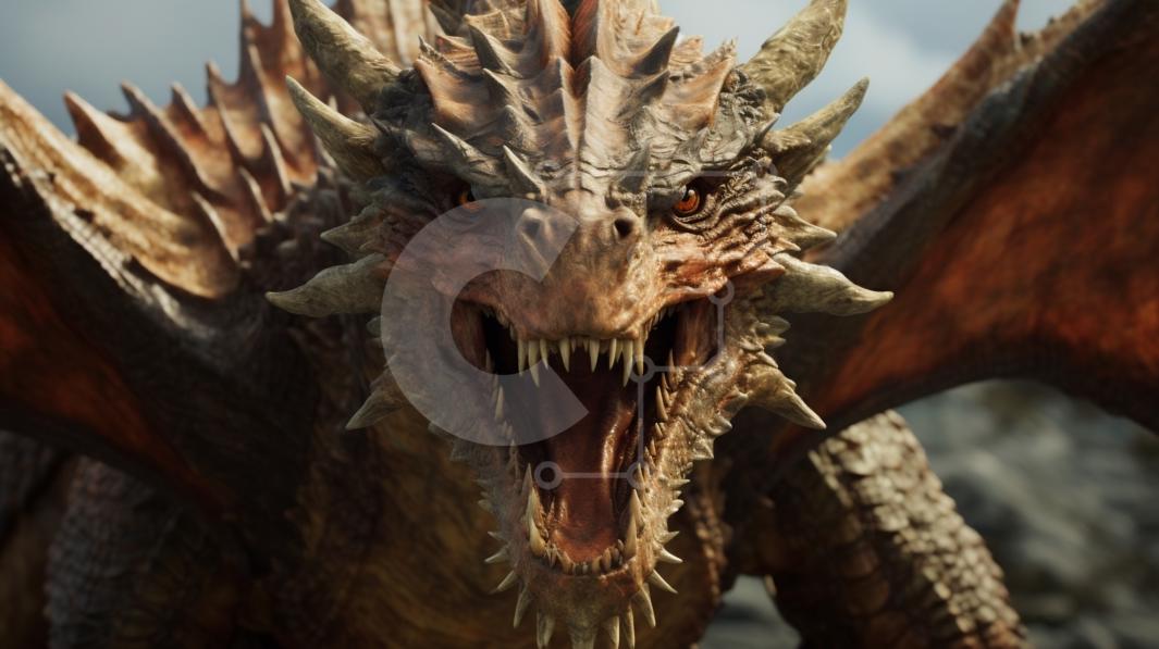 Menacing Dragon with Sharp Teeth and Glowing Red Eyes stock photo ...