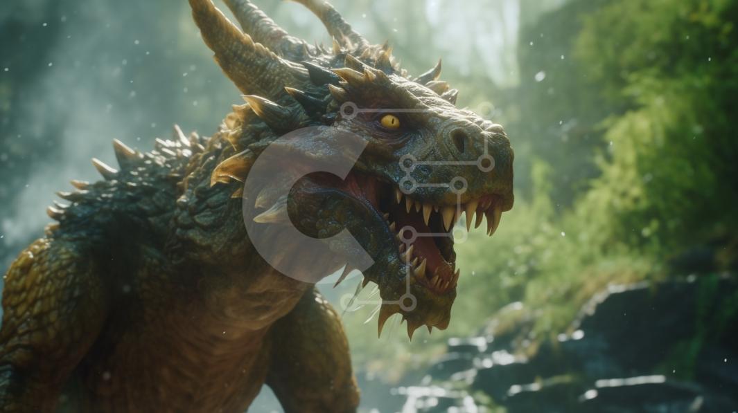Fierce dragon standing in a forest clearing stock photo | Creative Fabrica