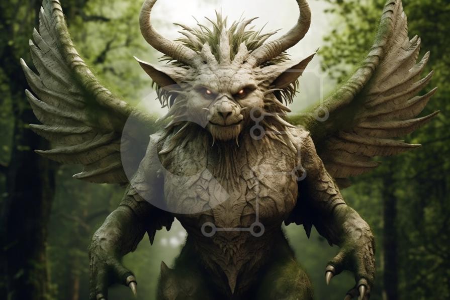 Fantasy Goat-Dragon Hybrid Creature in a Lush Forest stock photo ...