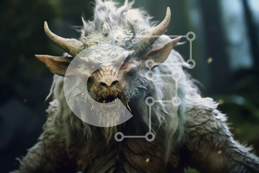 Menacing Demon's Face Close-up with Red Eyes and Sharp Teeth stock ...