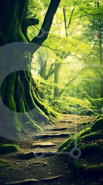 Beautiful Picture of a Mossy Forest Path with Sunlight Filtering ...