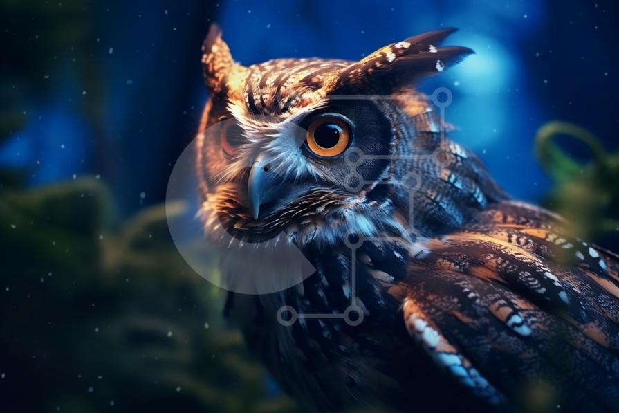 Amazing Brown Owl with Yellow Eyes in Dark Forest at Night stock photo ...