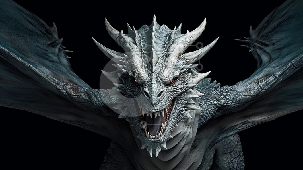 Fierce Image of a White Dragon with Sharp Teeth and Spread Wings stock ...