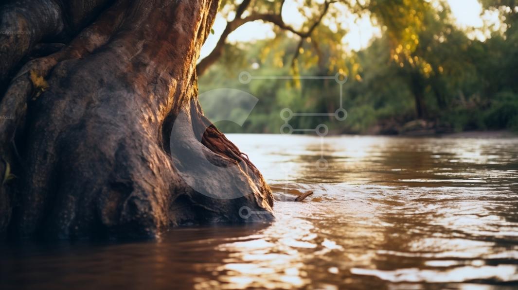 Stunning Image of a Tree with Submerged Roots in a River at Sunset stock photo | Creative Fabrica