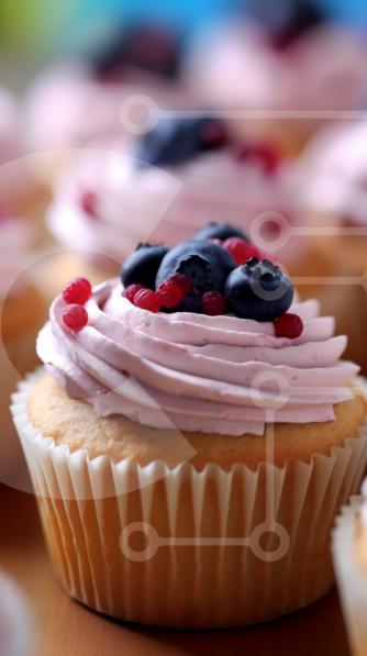 Leckerer Cupcake mit rosa Zuckerguss und Blaubeeren oben drauf ...