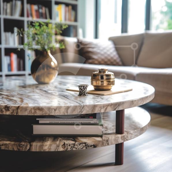 Stylish Living Room with Marble Coffee Table and Gold Vase stock photo ...