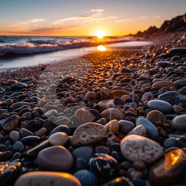 Stunning Picture of Sunset over the Ocean with Rocks and Pebbles on the ...