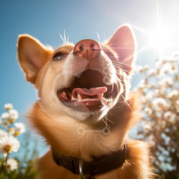 Adorable picture of a brown dog smiling in a field of white flowers ...