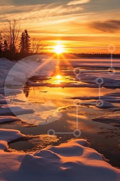 Stunning Sunset Over a Frozen Lake with Snow-Covered Trees stock photo ...
