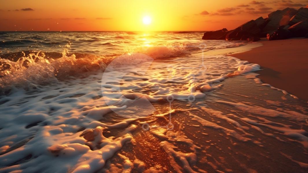 Stunning Sunset over Ocean Waves on the Shoreline stock photo ...