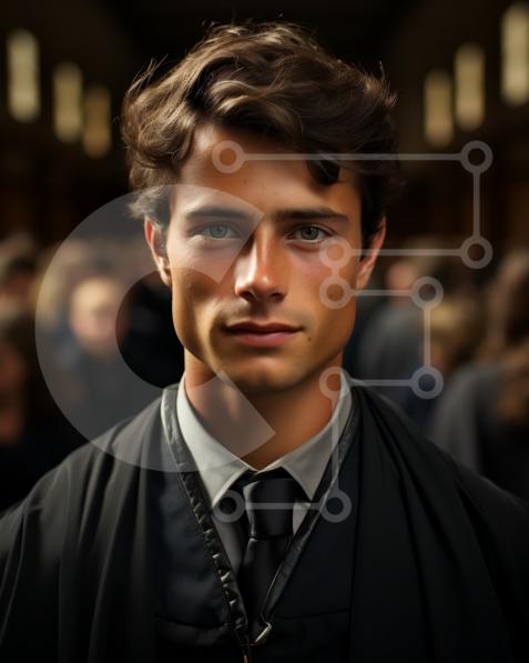 Serious Young Man in Black Robe and Tie Standing in a Crowded Room ...