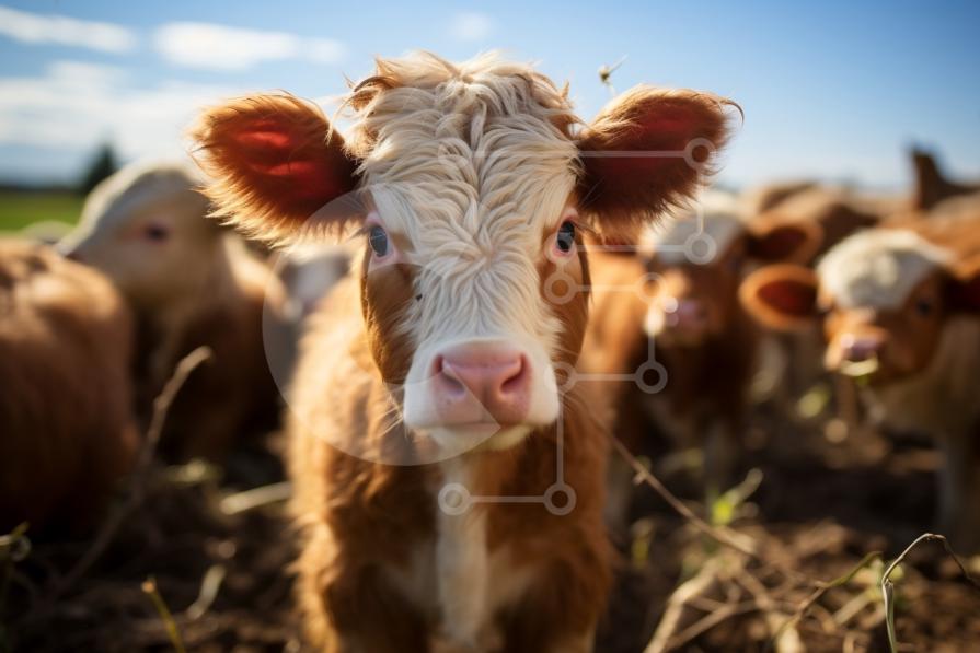 Beautiful Picture of Young Cows Standing in a Field with Blue Sky stock ...