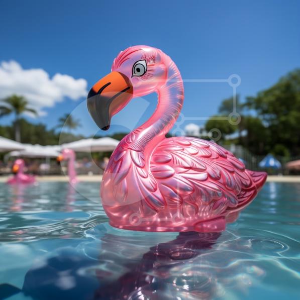 Pink Flamingo Standing in a Swimming Pool with Blue Sky and Clouds ...