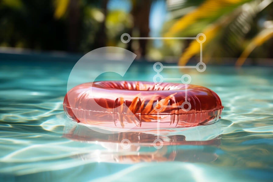 Plezier in de zon: Rode opblaasbare ring in zwembad met palmbomen ...