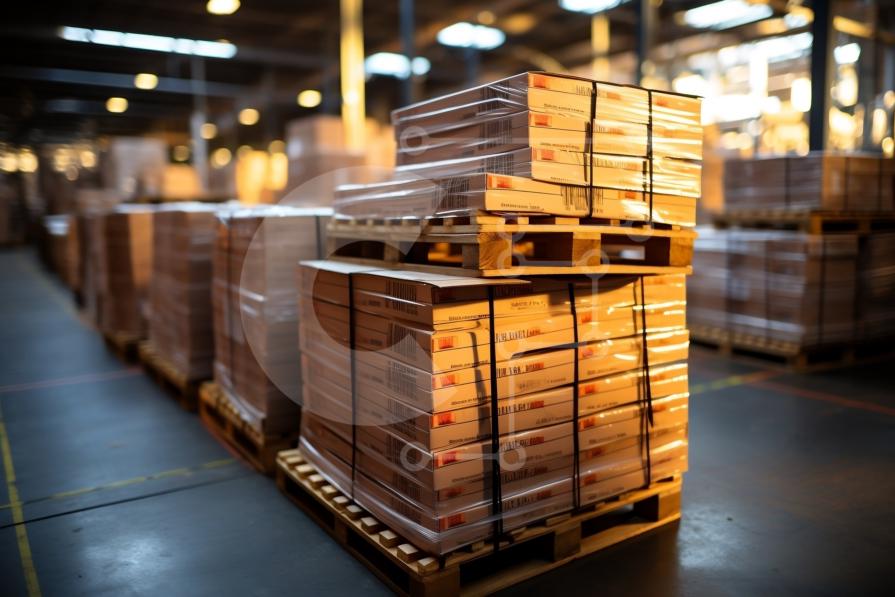 Industrial Warehouse with Stacked Pallets and Cardboard Boxes stock ...
