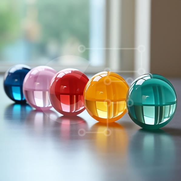 Vibrant Glass Marbles on a Table with Stunning City Skyline View stock ...