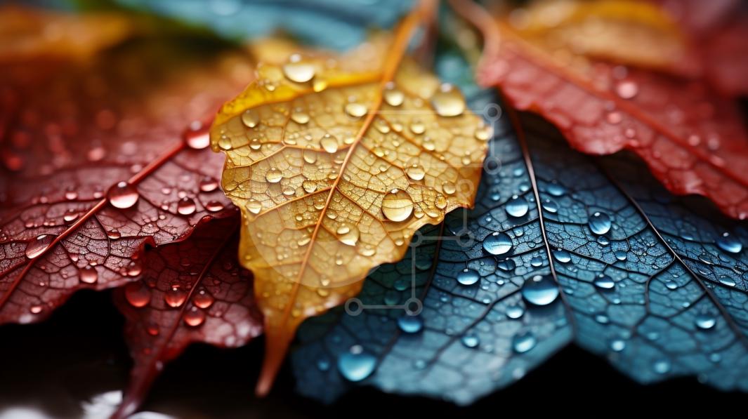 Vibrant Autumn Leaves with Water Droplets in Close-up View stock photo ...