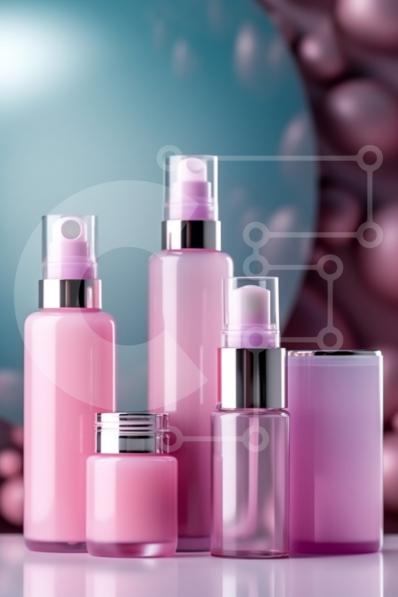 Stylish and Elegant Pink Cosmetic Bottles on a Wooden Table stock photo ...