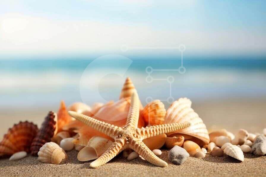 Beautiful Beach Scene with Starfish and Seashells stock photo ...