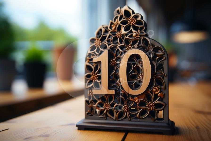 Intricate Carved Wooden Number 10 on a Wooden Table stock photo ...